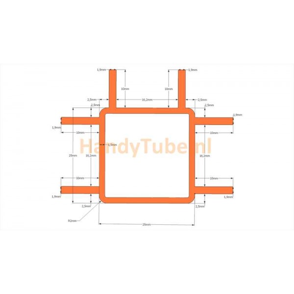 Aluminium Profielen 25x25x1,5mm 3 dubbele Flenzen 16mm